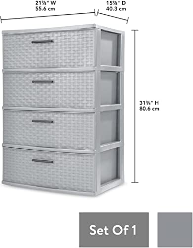 4 Drawer Wide Weave Storage Tower with Driftwood Handles,Organizer Storage Tower for Closet, Bedroom, Entryway, White (Cement)