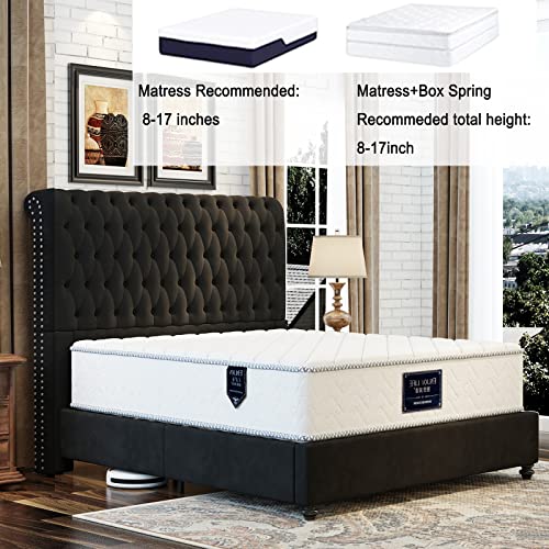 Jocisland Platform Bed Frame Upholstered Bed Sleigh Headboard Velvet Tufted Diamond Button/No Box Spring Needed/Easy Assembly (Black, King)