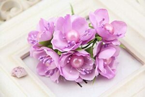 60pcs, 4cm head dia. small fabric roses with peal artificial silk cherry, wire stem for wedding decorations, hair garland (purple)