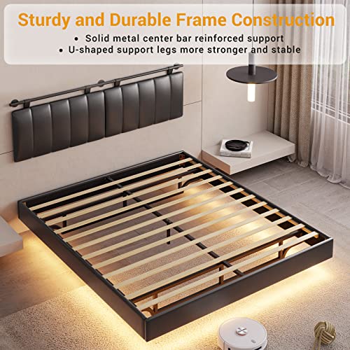 DICTAC Queen Floating Bed Frame with LED Lights and Wall Mounted Headboard,Modern Queen Size Low Profile LED Platform Bed Frame,Faux Leather Upholstered Platform Bed Frame,No Box Spring Needed,Black