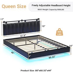 DICTAC Queen Floating Bed Frame with LED Lights and Wall Mounted Headboard,Modern Queen Size Low Profile LED Platform Bed Frame,Faux Leather Upholstered Platform Bed Frame,No Box Spring Needed,Black