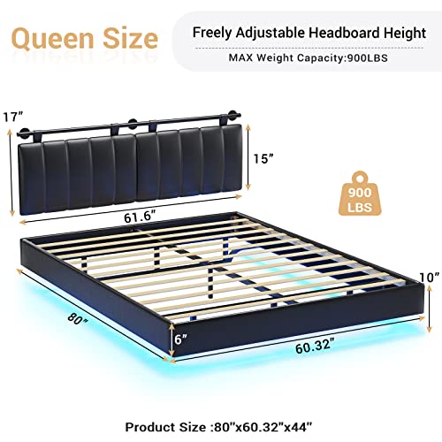 DICTAC Queen Floating Bed Frame with LED Lights and Wall Mounted Headboard,Modern Queen Size Low Profile LED Platform Bed Frame,Faux Leather Upholstered Platform Bed Frame,No Box Spring Needed,Black