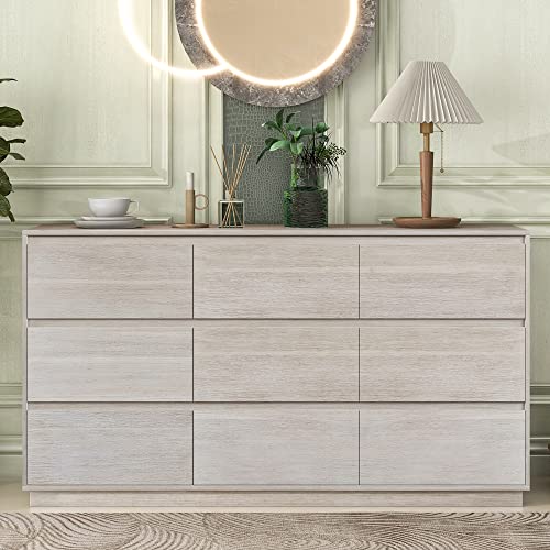 JIJIWANG Modern Dressers for Bedroom Dresser with 9 Drawers,TV Stand Storage Chest of Drawers Clothes Organizer, Wooden Nightstand for Living Room Closet Entryway Hallway,Stone Gray