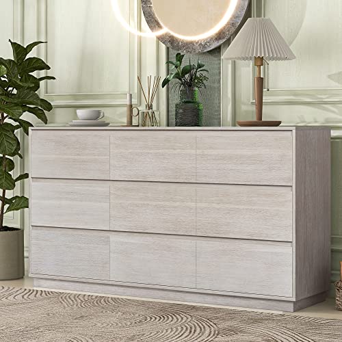 JIJIWANG Modern Dressers for Bedroom Dresser with 9 Drawers,TV Stand Storage Chest of Drawers Clothes Organizer, Wooden Nightstand for Living Room Closet Entryway Hallway,Stone Gray