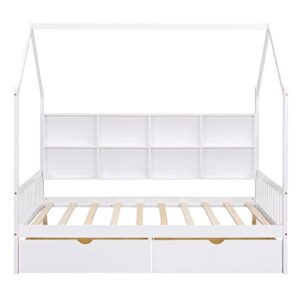 Polibi Full Size Wooden House Bed with 2 Drawers, 8 Storage Shelves, Roof, Headboard and Footboard, White