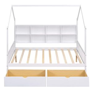 Polibi Full Size Wooden House Bed with 2 Drawers, 8 Storage Shelves, Roof, Headboard and Footboard, White