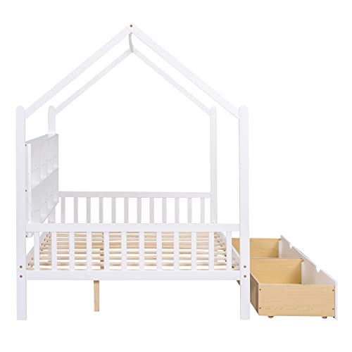 Polibi Full Size Wooden House Bed with 2 Drawers, 8 Storage Shelves, Roof, Headboard and Footboard, White