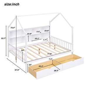 Polibi Full Size Wooden House Bed with 2 Drawers, 8 Storage Shelves, Roof, Headboard and Footboard, White