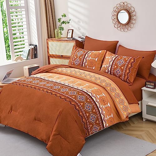 Dobuyly Burnt Orange Comforter Set King, 7 Pieces Bed in a Bag Terracotta Boho Aztec Comforter Soft Microfiber Bedding Set with Comforter, Flat Sheet, Fitted Sheet, 2 Pillow Shams, 2 Pillowcases