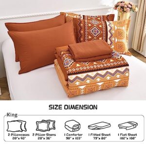 Dobuyly Burnt Orange Comforter Set King, 7 Pieces Bed in a Bag Terracotta Boho Aztec Comforter Soft Microfiber Bedding Set with Comforter, Flat Sheet, Fitted Sheet, 2 Pillow Shams, 2 Pillowcases