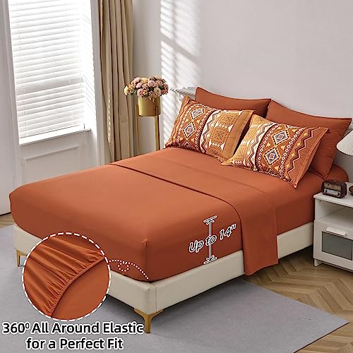 Dobuyly Burnt Orange Comforter Set King, 7 Pieces Bed in a Bag Terracotta Boho Aztec Comforter Soft Microfiber Bedding Set with Comforter, Flat Sheet, Fitted Sheet, 2 Pillow Shams, 2 Pillowcases