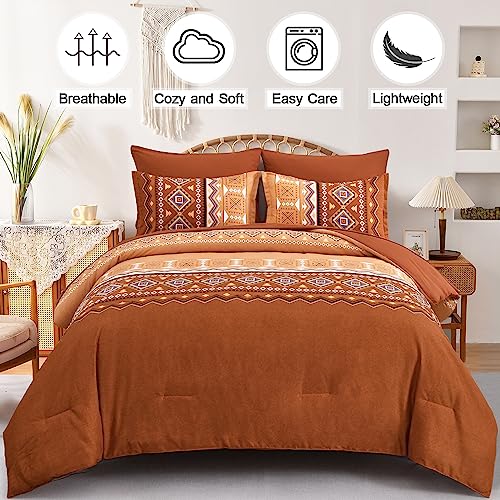 Dobuyly Burnt Orange Comforter Set King, 7 Pieces Bed in a Bag Terracotta Boho Aztec Comforter Soft Microfiber Bedding Set with Comforter, Flat Sheet, Fitted Sheet, 2 Pillow Shams, 2 Pillowcases