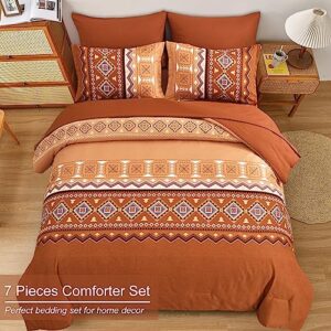 Dobuyly Burnt Orange Comforter Set King, 7 Pieces Bed in a Bag Terracotta Boho Aztec Comforter Soft Microfiber Bedding Set with Comforter, Flat Sheet, Fitted Sheet, 2 Pillow Shams, 2 Pillowcases