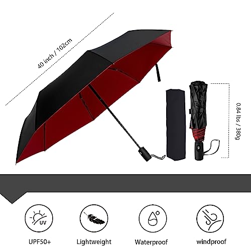 ALFROTEY Compact Travel Umbrella for Rain Portable Automatic Open and Close Windproof Sun Umbrella UV Protection Lightweight Small Folding Car Umbrella for Women and Men (Black-Red, L)