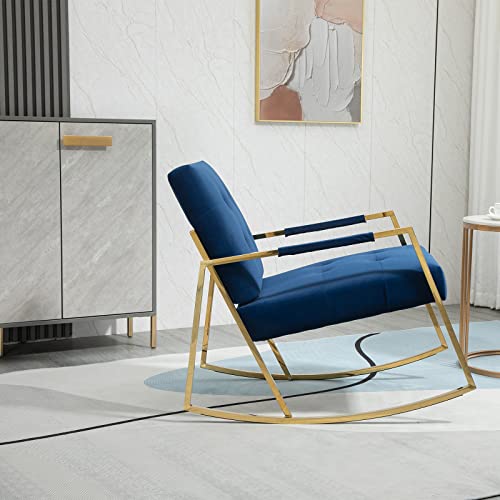 LuxyHoom Nursing Chair, Upholstered Velvet Nursery Chair, Modern Oversized Rocking Chair with Metal Golden Legs, Glider Chair for Nursery, Living Room, Bedroom, Office, Salon (Navy)