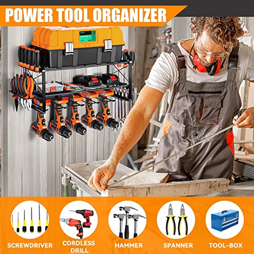 Bovkeoy Power Tool Organizer Wall Mount, 3 Layers Tool Organizer with 5 Drill Slots, Drill Holder Wall Mount for Tool Storage, Tool Organizers and Storage, Utility Racks for Garage Organization