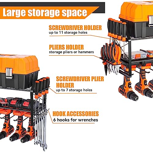 Bovkeoy Power Tool Organizer Wall Mount, 3 Layers Tool Organizer with 5 Drill Slots, Drill Holder Wall Mount for Tool Storage, Tool Organizers and Storage, Utility Racks for Garage Organization