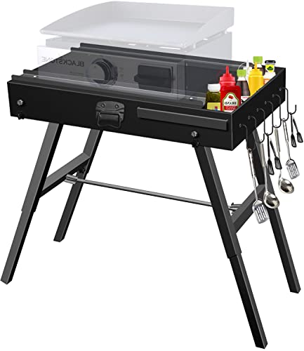 Griddle Stand Outdoor Camping Cooking Station Worktable Compatible for Griddle Many Black Universal Portable Grill Table with Adjustable Leg and Side Shelf Suit for Take Along Grill Accessories