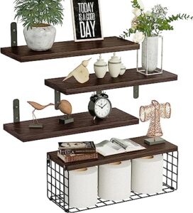 floating shelves with storage basket, bathroom shelves over toilet paper holder storage shelves, wall mounted rustic wood shelves for bathroom, bedroom, living room, kitchen(brown, set of 4)