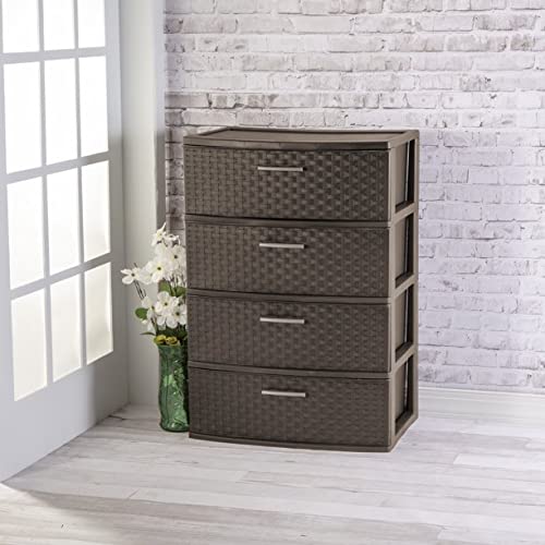 TRFMY 4-Drawer Wide Weave Design Storage Tower,Frame & Drawers w/Driftwood Handles, Cement, Case of 1 (Espresso)