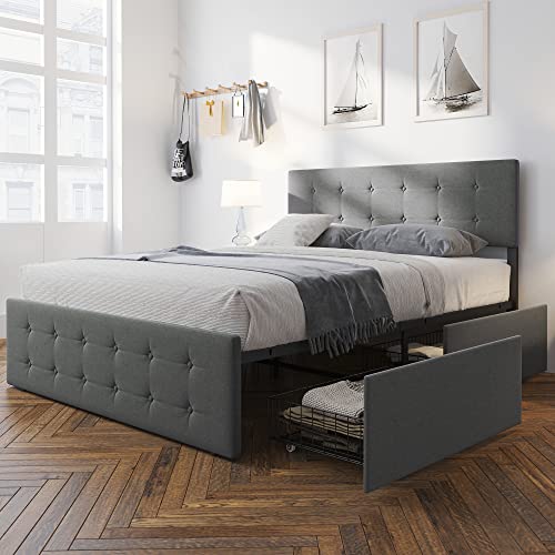 Amyove Queen Size Bed Frame with 4 Storage Drawers,Grey Queen Size Platform Bed Frame with Adjustable Headboard and Wooden Slats Support,No Box Spring Needed(Queen)