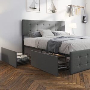 Amyove Queen Size Bed Frame with 4 Storage Drawers,Grey Queen Size Platform Bed Frame with Adjustable Headboard and Wooden Slats Support,No Box Spring Needed(Queen)