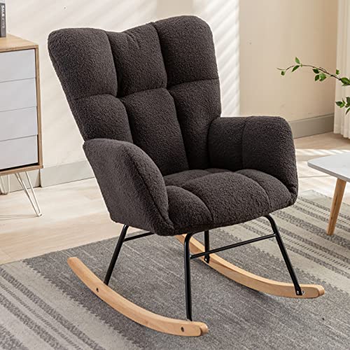 Sudwesto Modern Nursery Rocking Chair, Upholstered Glider Chair with High Backrest, Rocker Accent Armchair with Solid Wood Legs for Nursery Bedroom Living Room (Dark Grey Teddy)