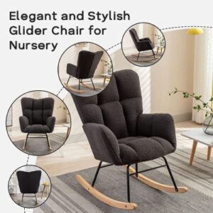 Sudwesto Modern Nursery Rocking Chair, Upholstered Glider Chair with High Backrest, Rocker Accent Armchair with Solid Wood Legs for Nursery Bedroom Living Room (Dark Grey Teddy)