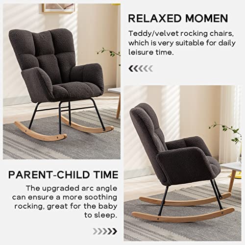 Sudwesto Modern Nursery Rocking Chair, Upholstered Glider Chair with High Backrest, Rocker Accent Armchair with Solid Wood Legs for Nursery Bedroom Living Room (Dark Grey Teddy)