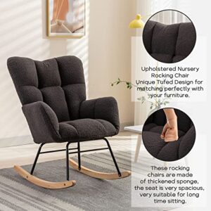 Sudwesto Modern Nursery Rocking Chair, Upholstered Glider Chair with High Backrest, Rocker Accent Armchair with Solid Wood Legs for Nursery Bedroom Living Room (Dark Grey Teddy)