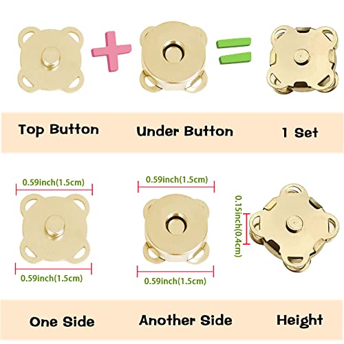 EuTengHao Magnetic Snaps Buttons, Plum Magnetic Snap Closures for Purses Handbags Clothes Bags Scrapbook, 15mm Magnet Button Closure Fastener for Sewing DIY Craft (Gold)