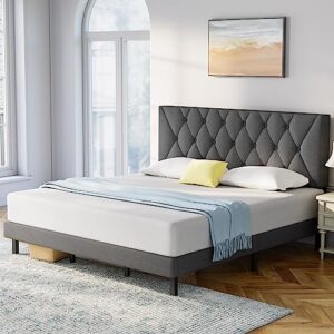 Molblly King Size Bed Frame with Adjustable Headboard, Linen Fabric Wrap, Strong Frame and Wooden Slats Support, No Box Spring Needed, Non-Slip and Noise-Free, Easy Assembly, Dark Grey