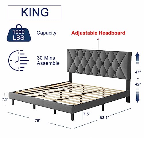 Molblly King Size Bed Frame with Adjustable Headboard, Linen Fabric Wrap, Strong Frame and Wooden Slats Support, No Box Spring Needed, Non-Slip and Noise-Free, Easy Assembly, Dark Grey