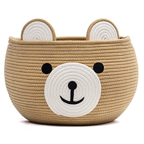 CherryNow Baby Gift Basket for Newborn, Empty Gift Basket with Handles, Medium Animal Basket for Toy Clothes Towel, Woven Rope Bear Basket for Kids, Brown, 15.7" D x 10.5" H