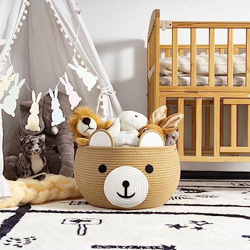 CherryNow Baby Gift Basket for Newborn, Empty Gift Basket with Handles, Medium Animal Basket for Toy Clothes Towel, Woven Rope Bear Basket for Kids, Brown, 15.7" D x 10.5" H