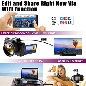 Vlogging Camera, 4K Digital Camera for YouTube with WiFi, 16X Digital Zoom, 180 Degree Flip Screen, Wide Angle Lens, Macro Lens, 2 Batteries and 32GB TF Card TopA.3