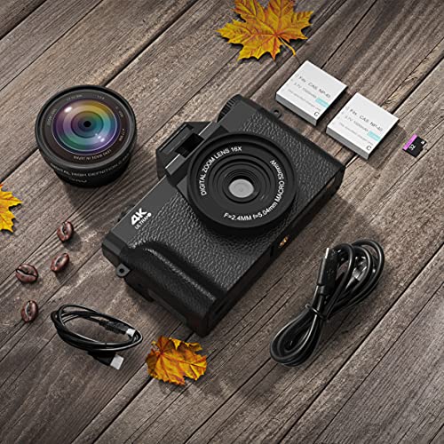 Vlogging Camera, 4K Digital Camera for YouTube with WiFi, 16X Digital Zoom, 180 Degree Flip Screen, Wide Angle Lens, Macro Lens, 2 Batteries and 32GB TF Card TopA.3