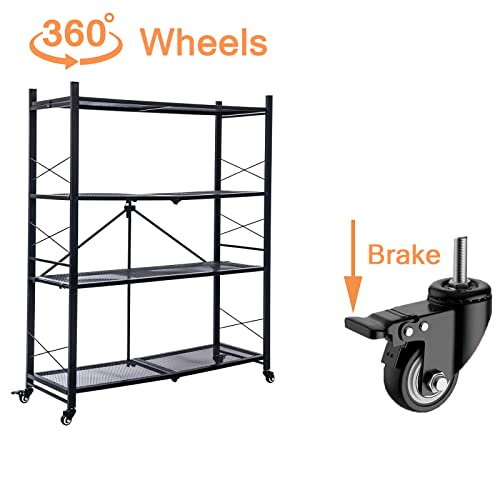 gaildon Foldable Shelves 4 Tier Heavy Duty Metal Storage Shelves with Wheels - No Assembly Collapsible Shelving Unit for Kitchen Garage Hold up to 1000 lbs