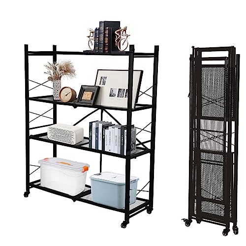 gaildon Foldable Shelves 4 Tier Heavy Duty Metal Storage Shelves with Wheels - No Assembly Collapsible Shelving Unit for Kitchen Garage Hold up to 1000 lbs