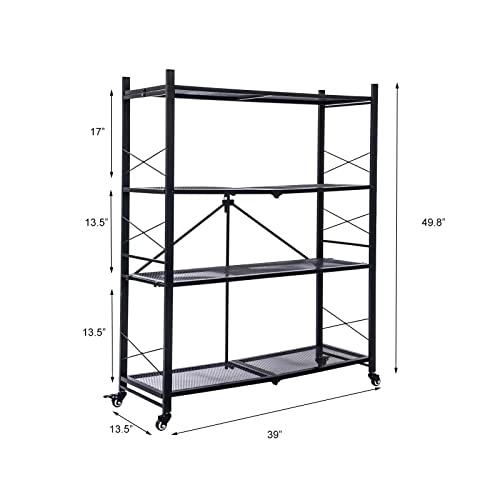 gaildon Foldable Shelves 4 Tier Heavy Duty Metal Storage Shelves with Wheels - No Assembly Collapsible Shelving Unit for Kitchen Garage Hold up to 1000 lbs