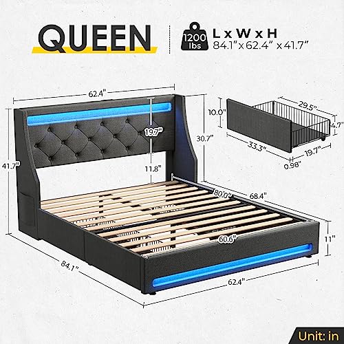 Rolanstar Queen Bed Frame with 4 Storage Drawers, Charging Station and LED Lights, Upholstered Platform Bed with Heavy Duty Wooden Slats, No Box Spring Needed, Noise Free, Easy Assembly, Dark Gray