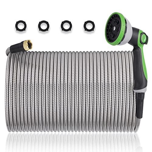 Garden Hose Stainless Steel Water Hose with 10 Function Spray Nozzle Flexible No Kink Lightweight Easy Storage for Yard, Outdoor (100FT)