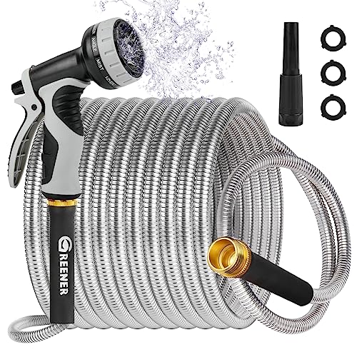 GREENER Stainless Steel Garden Hose 50ft-Heavy Duty Metal Water Hose Rust-proof Flexible Hose with 10 Functional Nozzle, Anti-puncture Kink-resistant Tangle Free Pet-proof Hose for Outdoor Yard Lawn