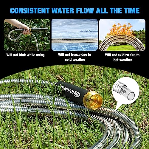 GREENER Stainless Steel Garden Hose 50ft-Heavy Duty Metal Water Hose Rust-proof Flexible Hose with 10 Functional Nozzle, Anti-puncture Kink-resistant Tangle Free Pet-proof Hose for Outdoor Yard Lawn