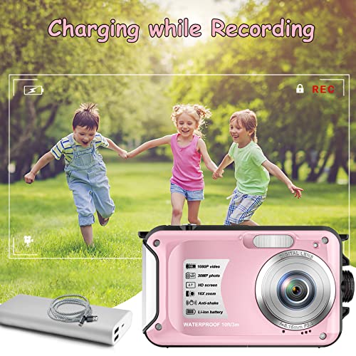 Digital Camera with 32GB Card Point and Shoot Waterproof Camera 10FT 30MP 1080P HD Video Compact Portable 16X Zoom Waterproof Digital Camera for Kids