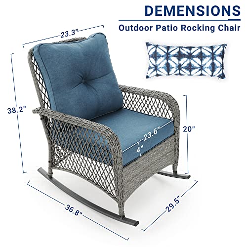 UDPATIO Rocking Chairs for Outside, Rattan Rocking Chair Outdoor with 4'' Thick Cushions & 3.2''Wide Armrest for Backyard, Porch, Balcony, Poolside, 350lbs Weight Capacity,Blue