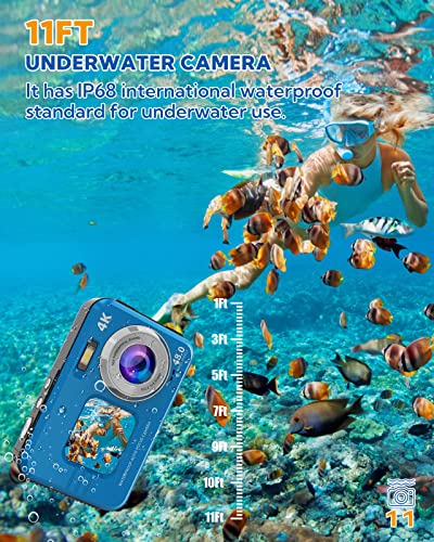 Underwater Camera, 4K 48MP Autofocus Waterproof Digital Camera with Selfie HD Dual Screens, 11FT 16X Digital Zoom Waterproof Camera with 64GB Card, Fill Light Underwater Camera for Snorkeling