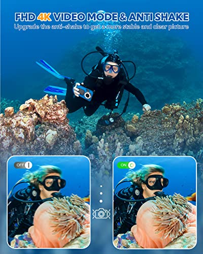 Underwater Camera, 4K 48MP Autofocus Waterproof Digital Camera with Selfie HD Dual Screens, 11FT 16X Digital Zoom Waterproof Camera with 64GB Card, Fill Light Underwater Camera for Snorkeling