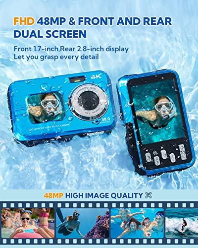 Underwater Camera, 4K 48MP Autofocus Waterproof Digital Camera with Selfie HD Dual Screens, 11FT 16X Digital Zoom Waterproof Camera with 64GB Card, Fill Light Underwater Camera for Snorkeling