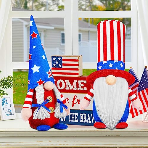 2PCS 4th of July Gnome Patriotic Gnomes Plush Independece Gnomes Decorations Couple Handmade Swedish Tomte Gnomes Ornaments for Patriotic Party Table Decoration Tiered Tray Decorations Fireplace Decor